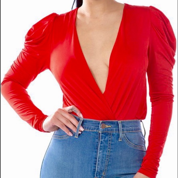 Tops | Red Plunge Neckline Bodysuit | Poshmark